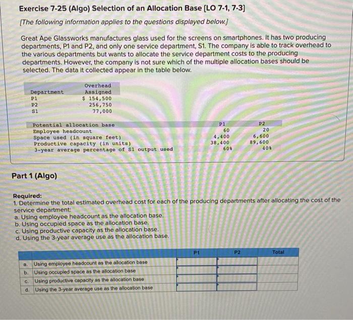Solved Exercise 7-25 (Algo) Selection of an Allocation Base | Chegg.com