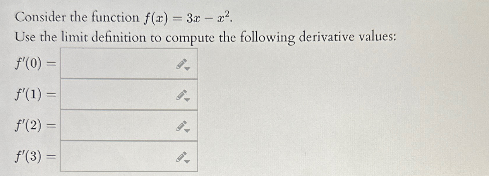 Solved Consider the function f(x)=3x-x2.Use the limit | Chegg.com
