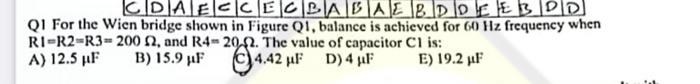 Solved Q1 For the Wien bridge shown in Figure Q1, balance is | Chegg.com