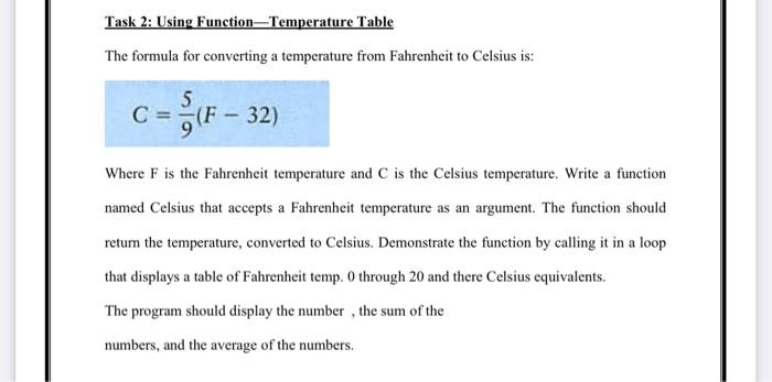 Solved Task 2: Using Function-Temperature Table The formula | Chegg.com
