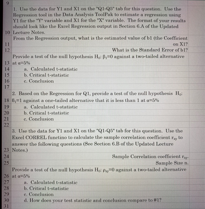 Solved 12 1. Use the data for Y1 and X1 on the "Q1-Q5" tab | Chegg.com