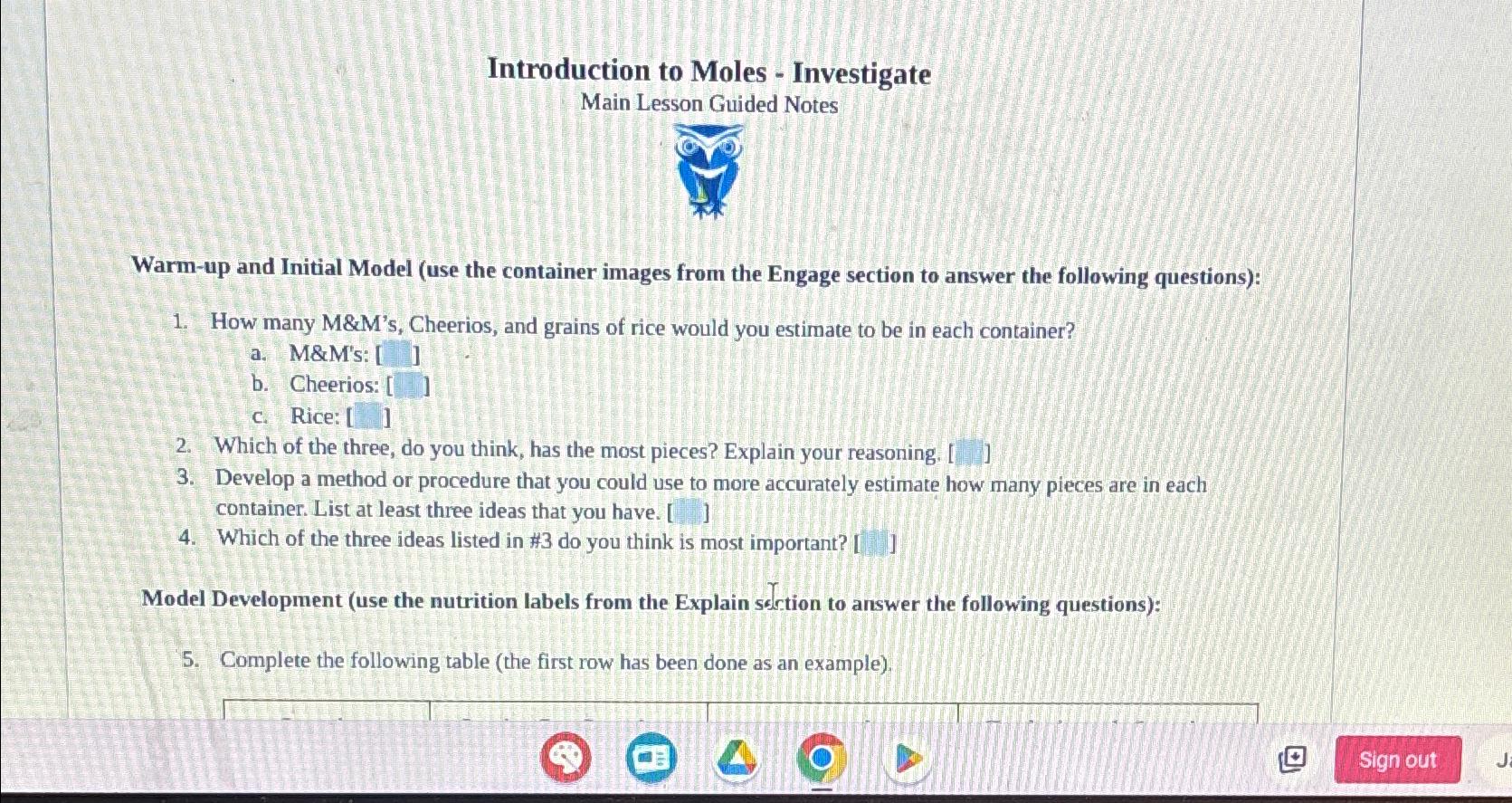 Solved Introduction to Moles - ﻿InvestigateMain Lesson | Chegg.com