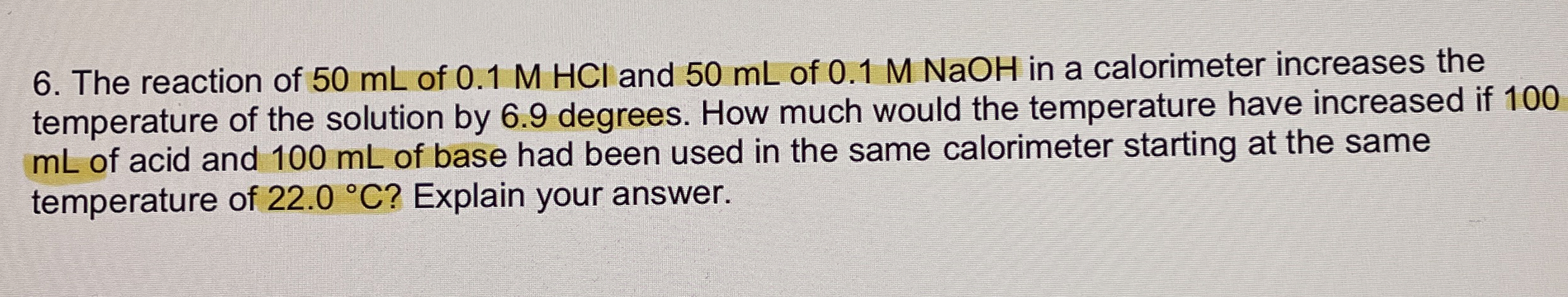 Solved The reaction of 50 ﻿mL of 0.1 ﻿M HCl and 50 ﻿mL of | Chegg.com