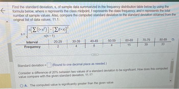 Solved Find the standard deviation, s, of sample data | Chegg.com