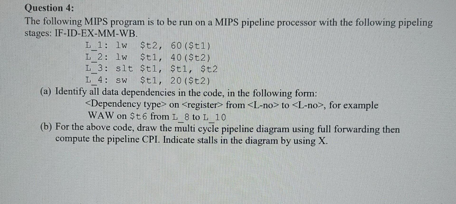 Solved Question 4: The following MIPS program is to be run | Chegg.com