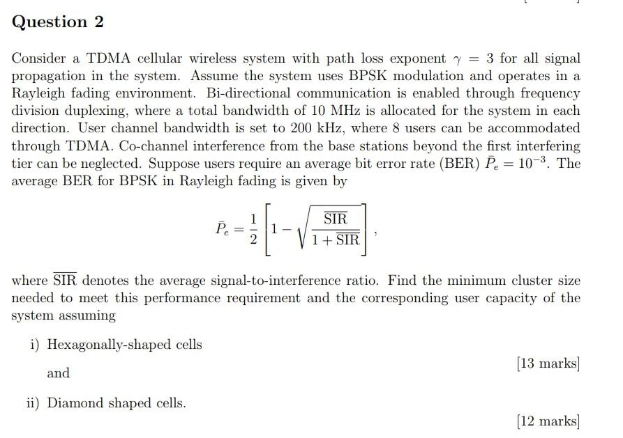 Question 2 Consider a TDMA cellular wireless system | Chegg.com