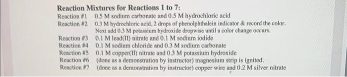 Reaction Mixtures for Reactions 1 to 7: Reaction | Chegg.com