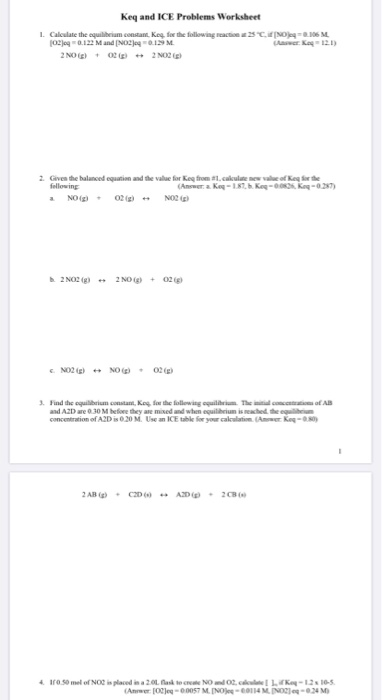 Solved Keq and ICE Problems Worksheet I. Calculate the | Chegg.com