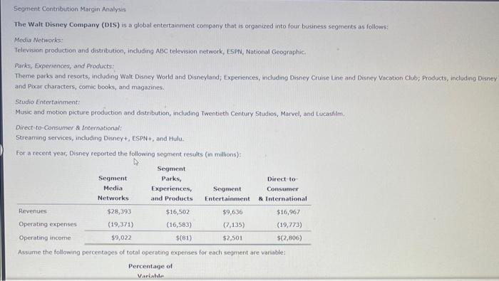 Solved Segment Contribution Margin Analysis The Walt Disney | Chegg.com