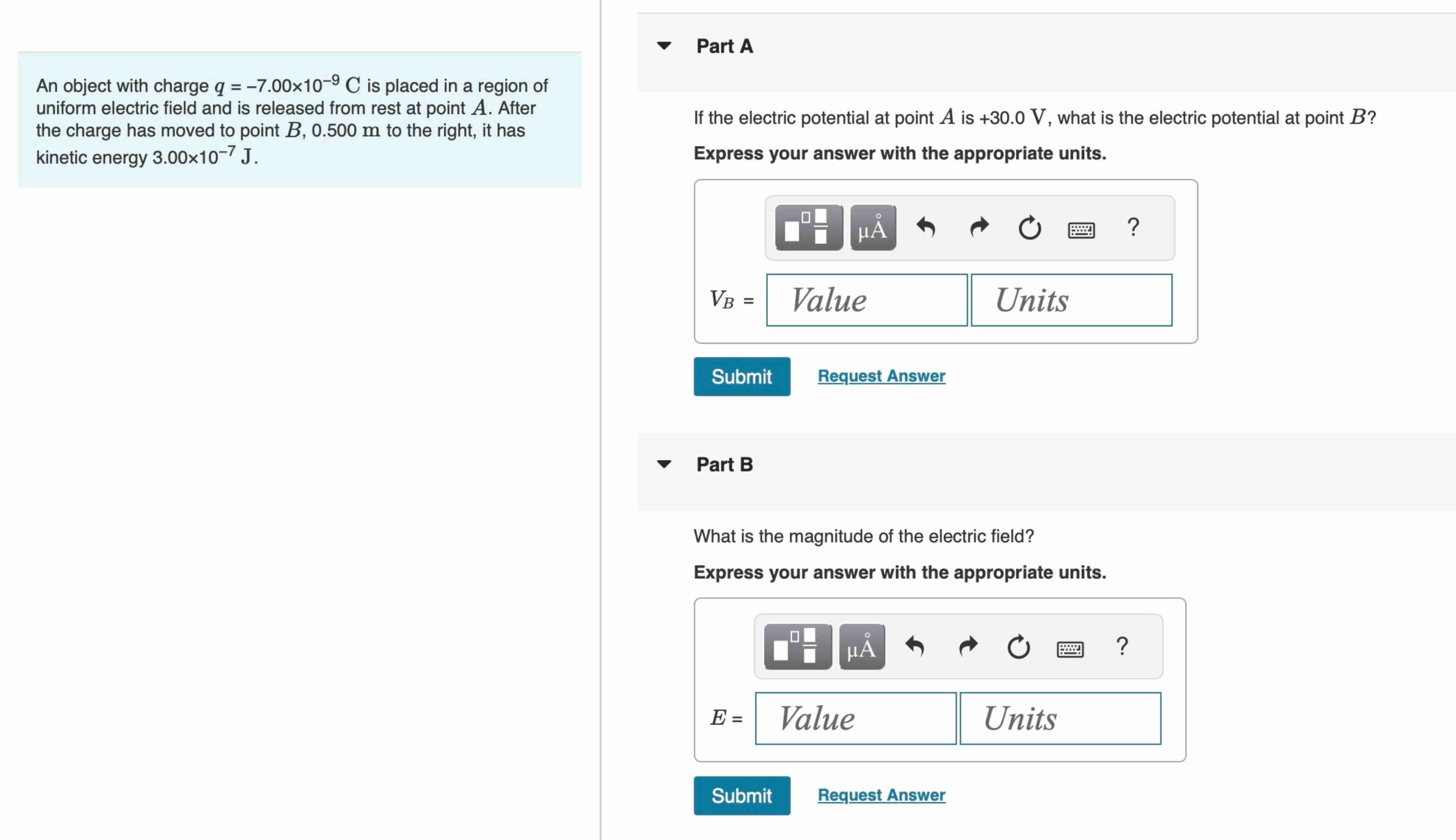 Solved Part AAn ﻿object with charge q=-7.00×10-9C is ﻿placed | Chegg.com