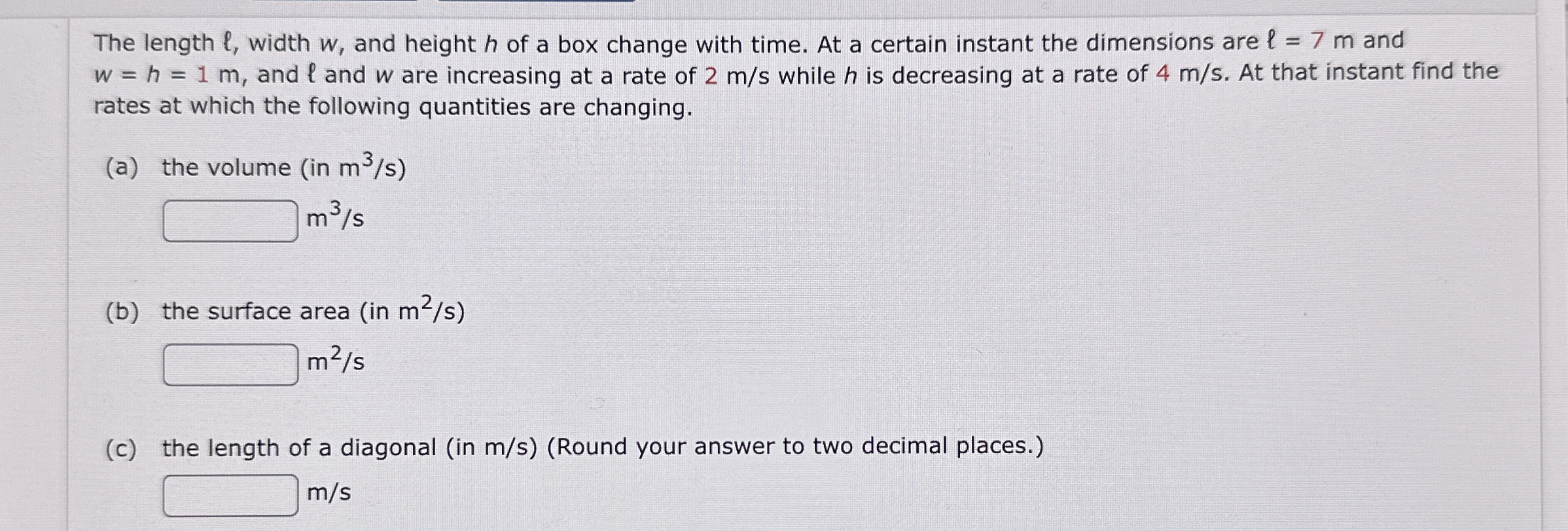 Solved The length l, ﻿width w, ﻿and height h ﻿of a box | Chegg.com