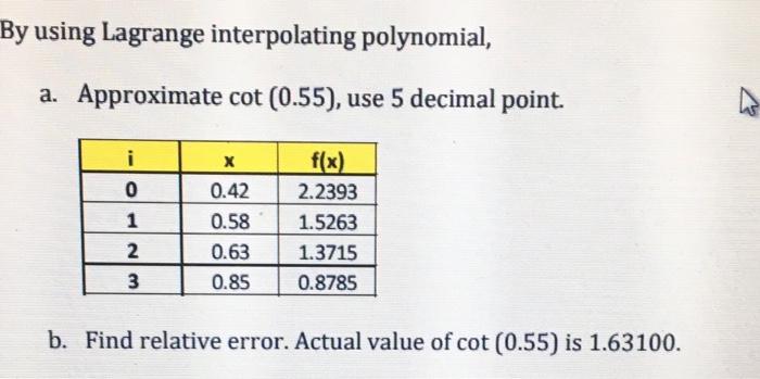 Solved By using Lagrange interpolating polynomial, a. | Chegg.com
