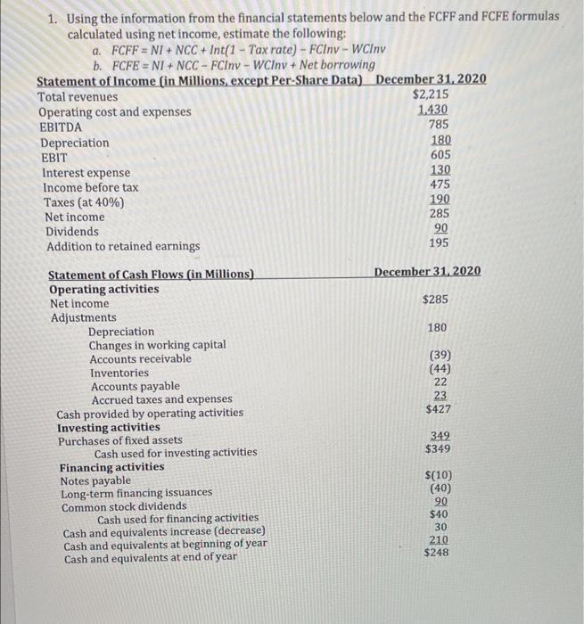 Solved 1. Using the information from the financial | Chegg.com