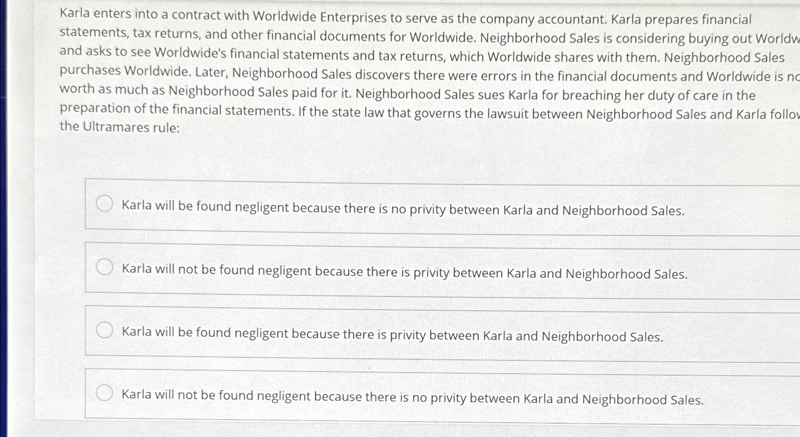 Solved Karla enters into a contract with Worldwide | Chegg.com