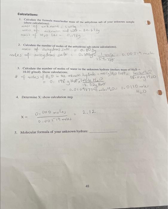 determine the formula of an unknown hydrate. the | Chegg.com