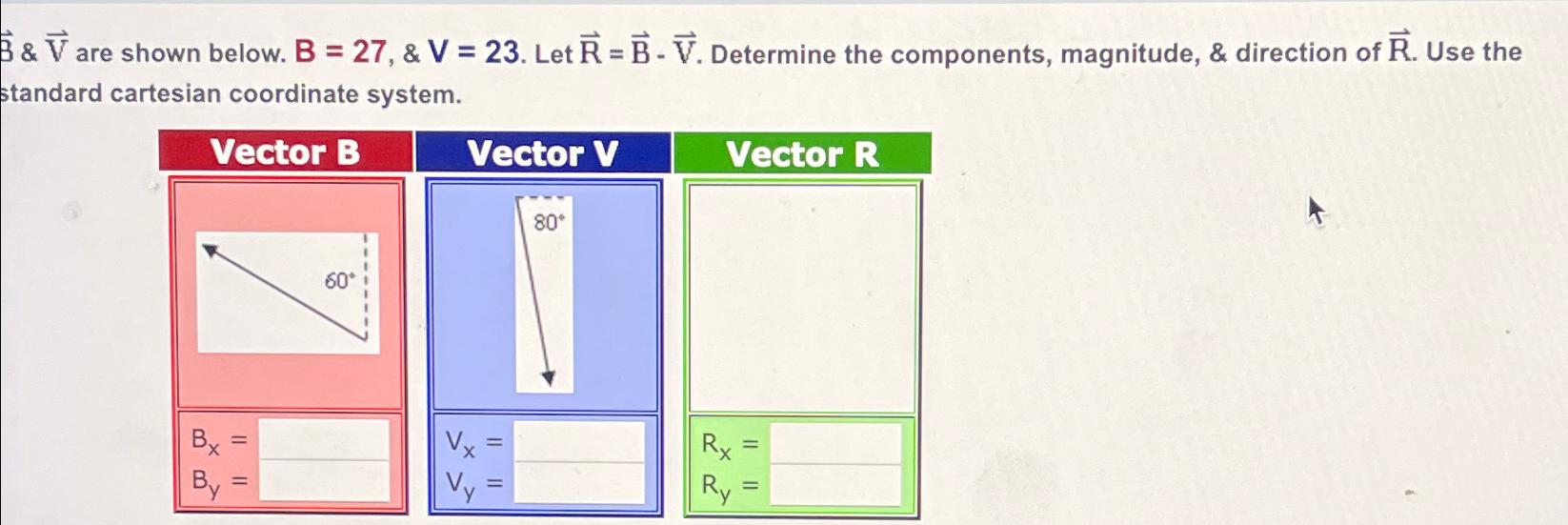 Solved vec(B) ﻿& vec(V) ﻿are shown below. B=27,&V=23. ﻿Let | Chegg.com