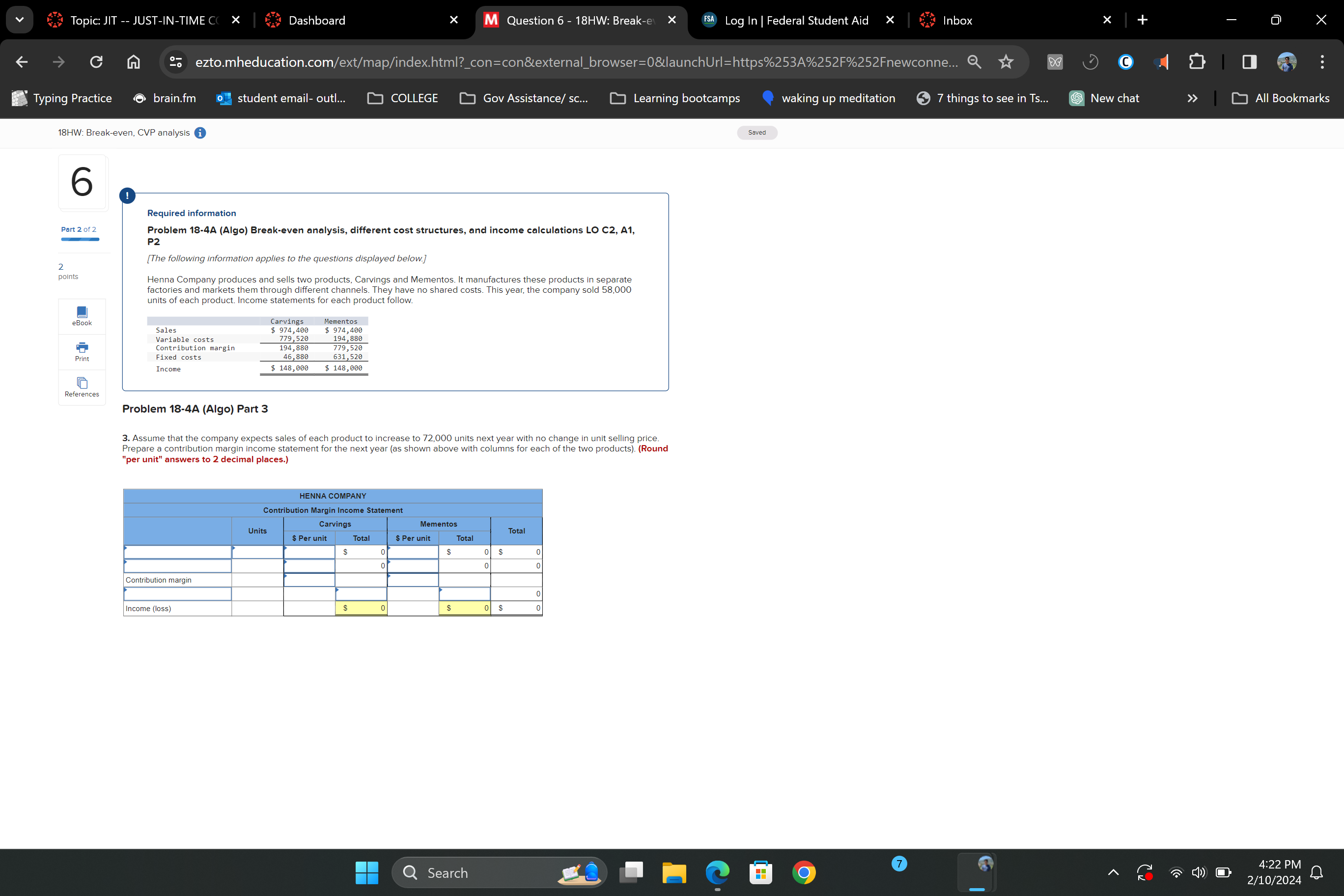 Solved Problem 18-4A (Algo) ﻿Break-even analysis, different | Chegg.com