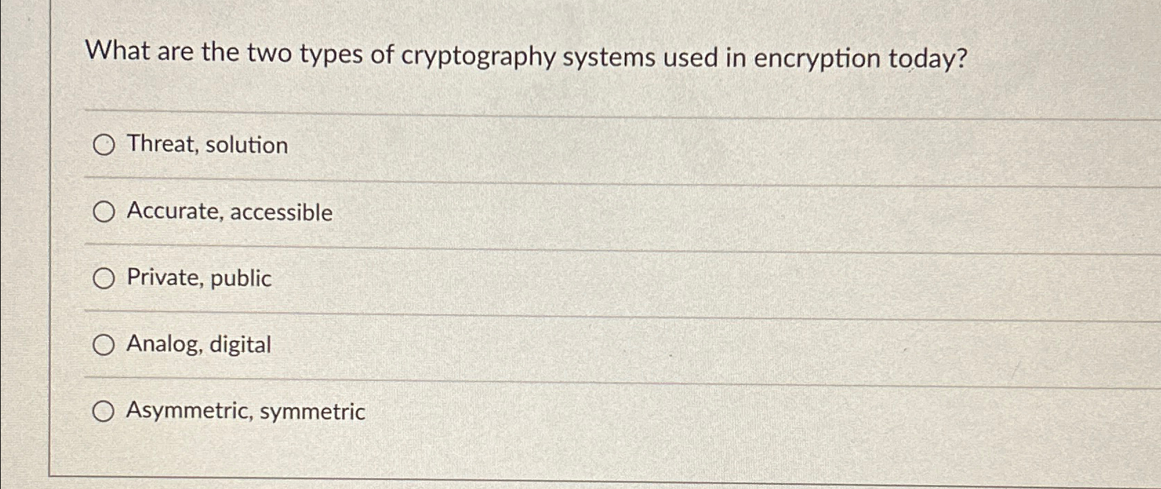 Solved What are the two types of cryptography systems used | Chegg.com