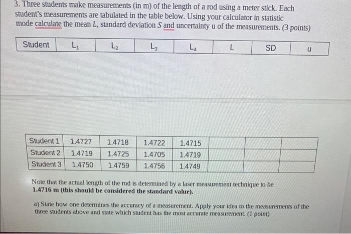 Solved 3. Three students make measurements (in m ) of the | Chegg.com