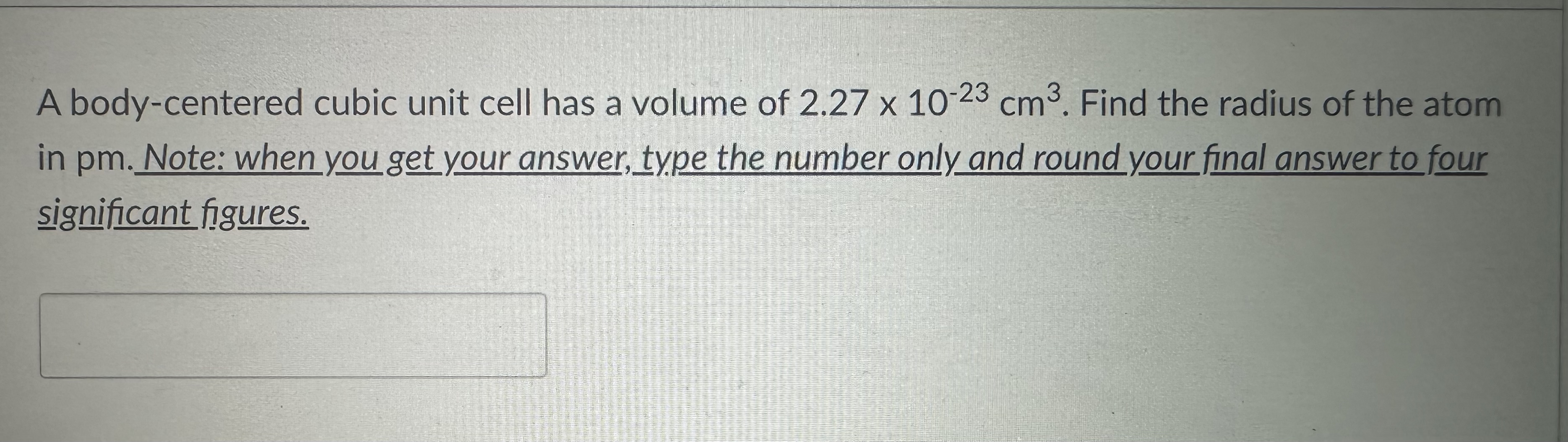 Solved A body-centered cubic unit cell has a volume of | Chegg.com