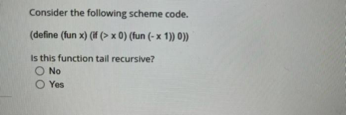 Solved Consider the following scheme code. (define (fun x ) | Chegg.com