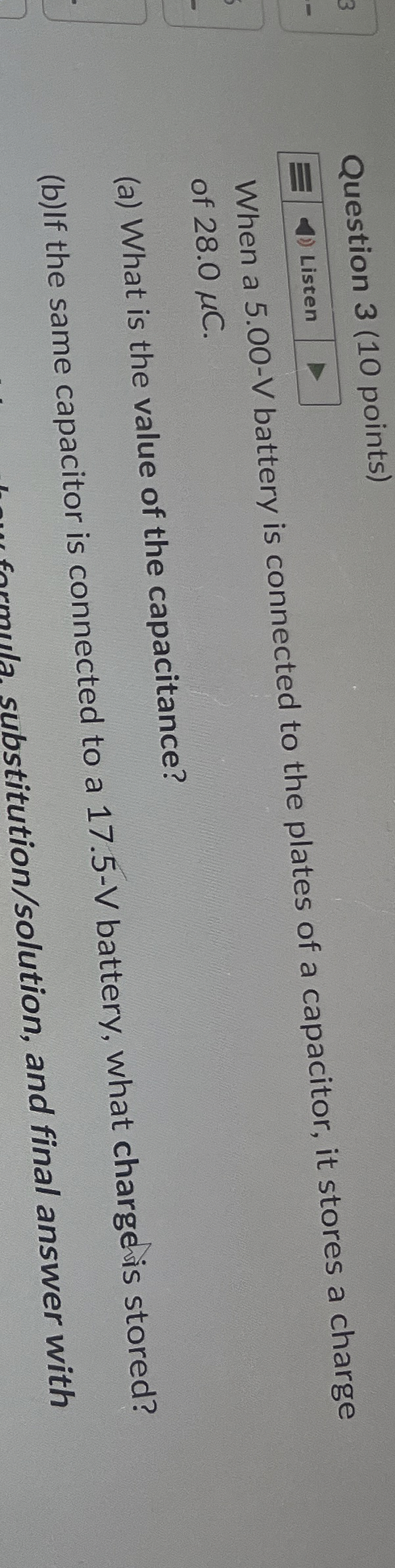 Solved Question 3 (10 ﻿points)ListenWhen a 5.00-V ﻿battery | Chegg.com