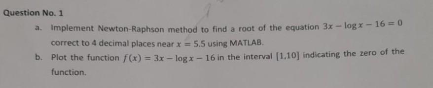 Solved Question No. 1 a. Implement Newton-Raphson method to | Chegg.com