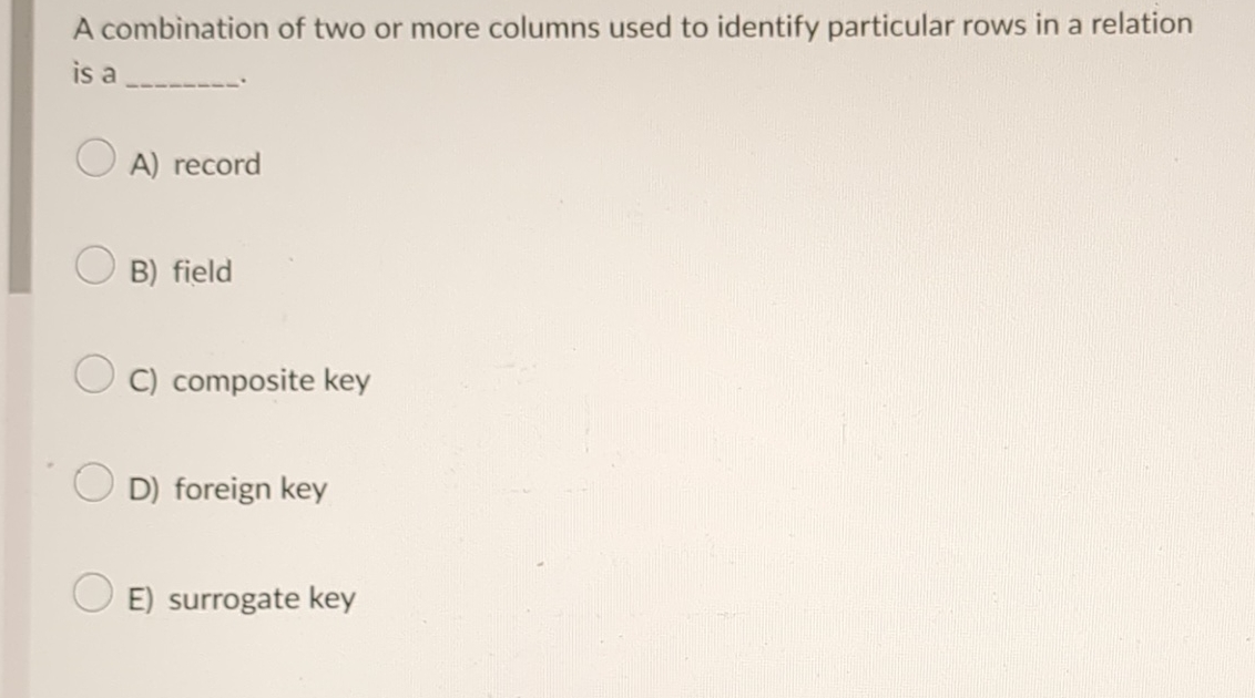 Solved A combination of two or more columns used to identify | Chegg.com