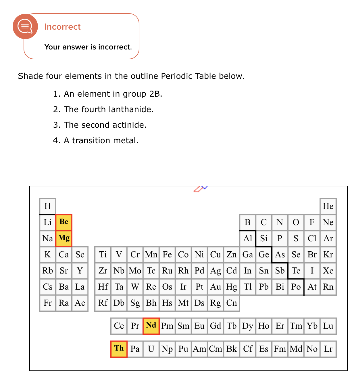Solved IncorrectYour answer is incorrect.Shade four elements | Chegg.com