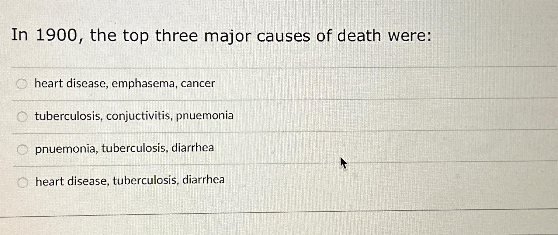 Solved In 1900 , ﻿the top three major causes of death | Chegg.com