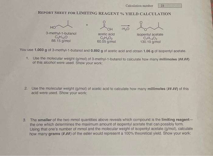 Solved REPORT SHEET FOR LIMITING REAGENT \% YIELD | Chegg.com