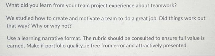 Solved Learning Narrative (Teamwork) The topic that we did | Chegg.com