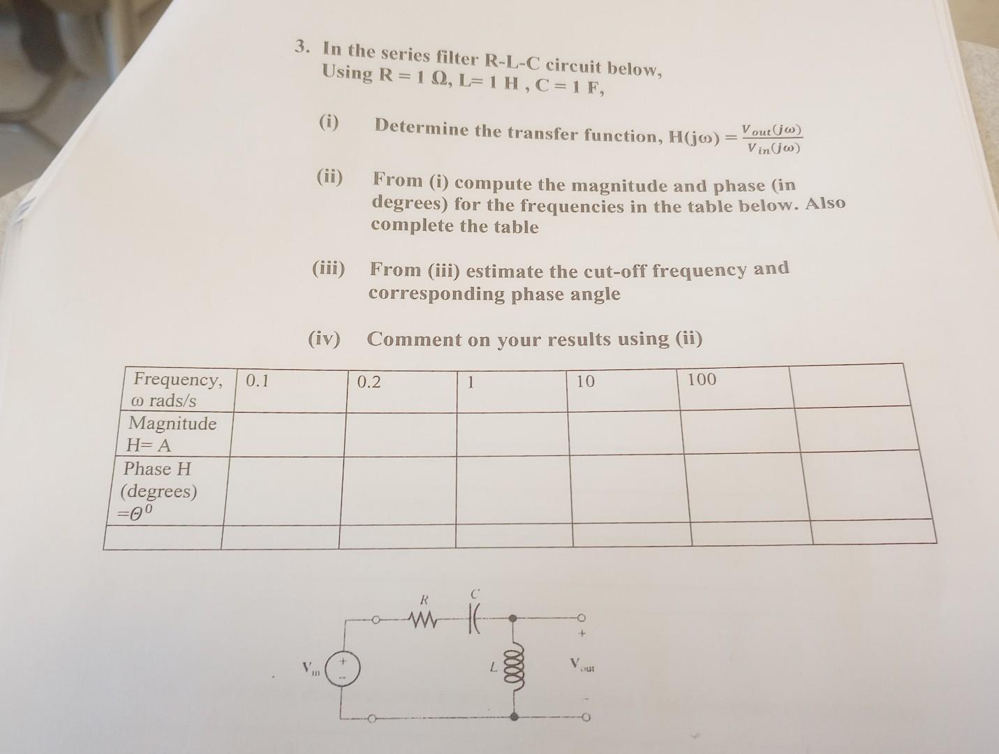 Solved 3. In the series filter R−L−C circuit below, Using | Chegg.com
