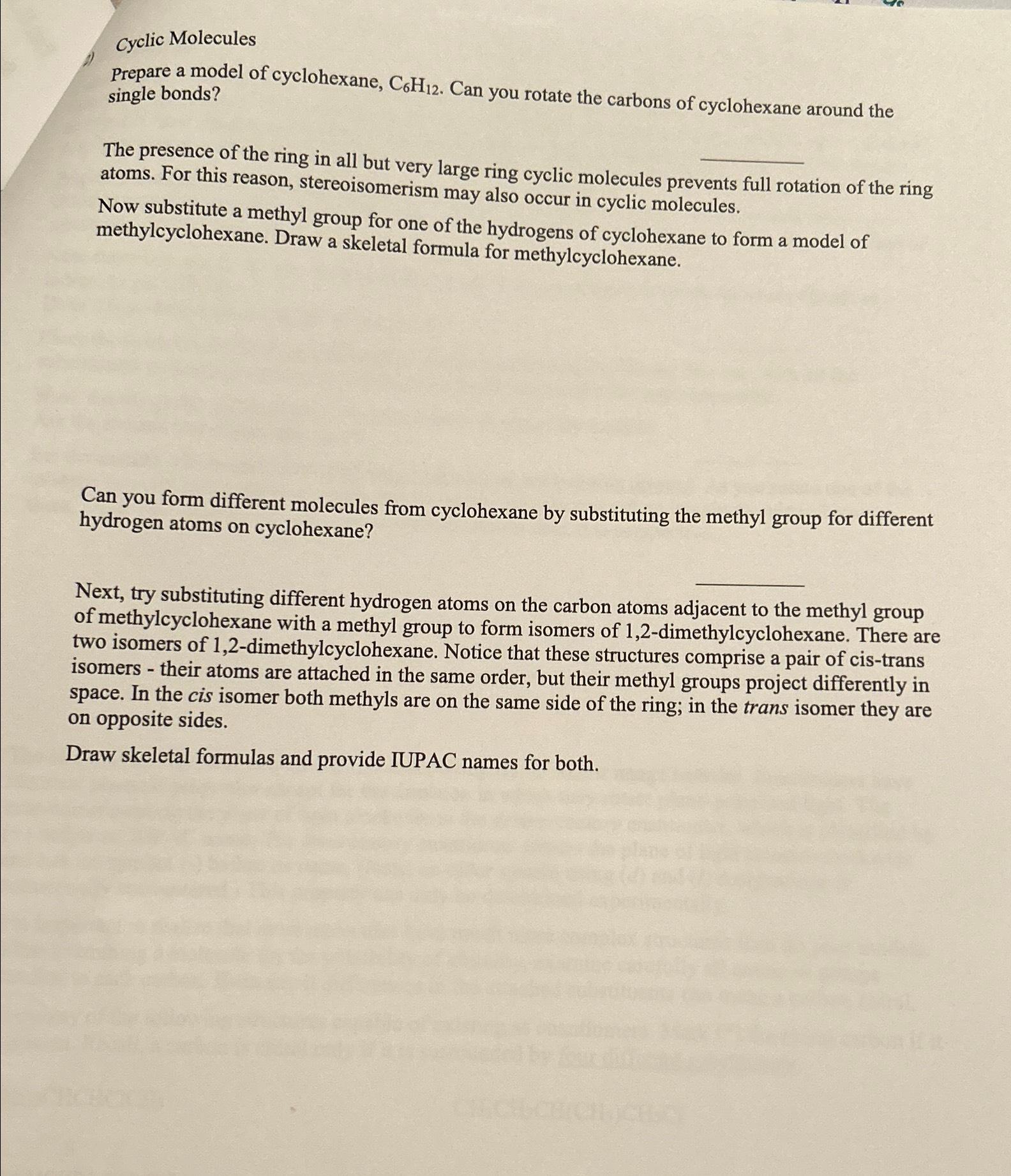 Solved Cyclic MoleculesPrepare a model of cyclohexane, | Chegg.com