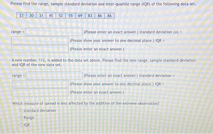 Solved Please find the range, sample standard deviation and | Chegg.com