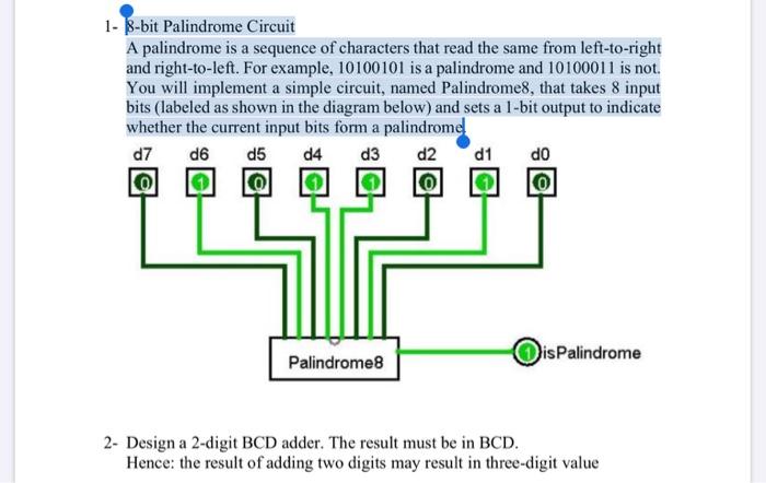 Solved 1- 8-bit Palindrome Circuit A palindrome is a | Chegg.com