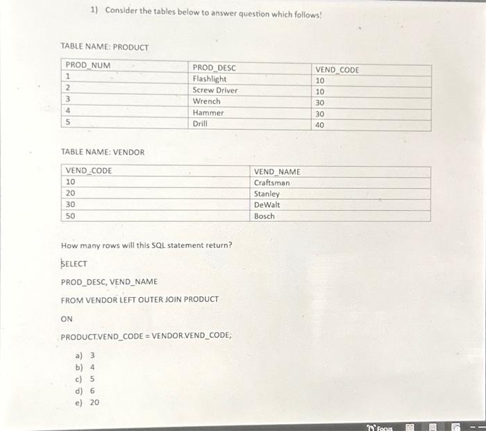 Solved 1) Consider the tables below to answer question which | Chegg.com