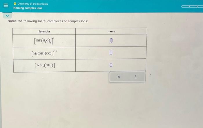 Solved Name the following metal complexes or complex ions: | Chegg.com