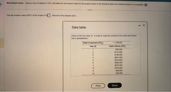 Solved The net present value (NPV) of the project is 1 | Chegg.com