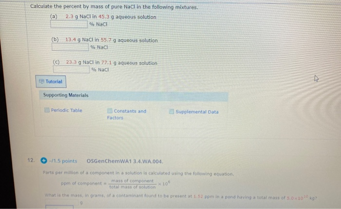 Solved Calculate the percent by mass of pure Nacl in the | Chegg.com