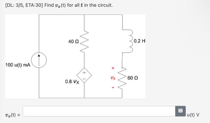 Solved [DL: 3/5, ETA:30] Find vx(t) for all t in the | Chegg.com