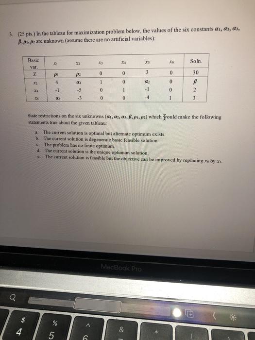 Solved 3. (25 pts.) In the tableau for maximization problem | Chegg.com