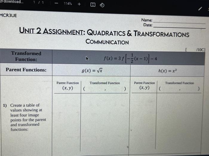 Solved UNIT 2 ASSIGNMENT: QUADRATICS \\& TRANSFORMATIONS | Chegg.com