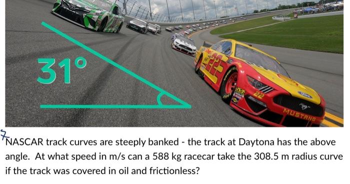 Solved 31° MUSTANG PNASCAR NASCAR track curves are steeply | Chegg.com