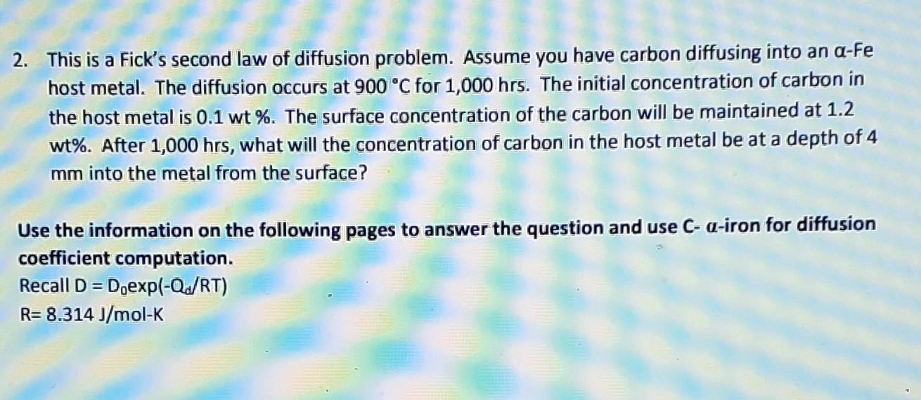 Solved 2. This is a Fick's second law of diffusion problem. | Chegg.com