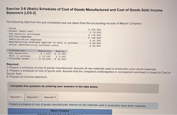 Solved Exercise 3-6 (Static) Schedules of Cost of Goods | Chegg.com