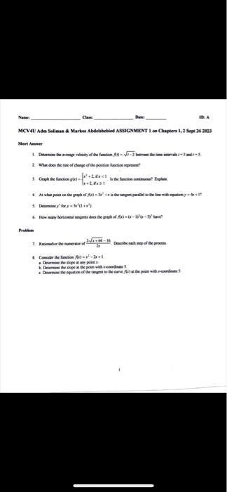 Solved Name: Short Answer Class: MCV4U Adm Soliman & Markos | Chegg.com