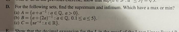 Solved D. For the following sets, find the supremum and | Chegg.com