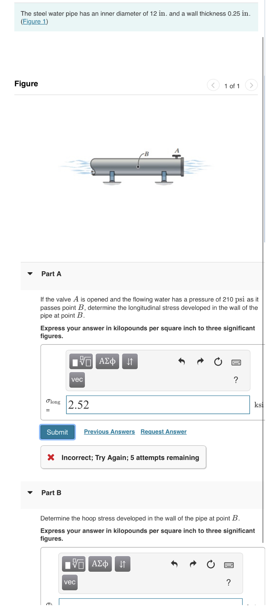 Solved The steel water pipe has an inner diameter of 12in. | Chegg.com