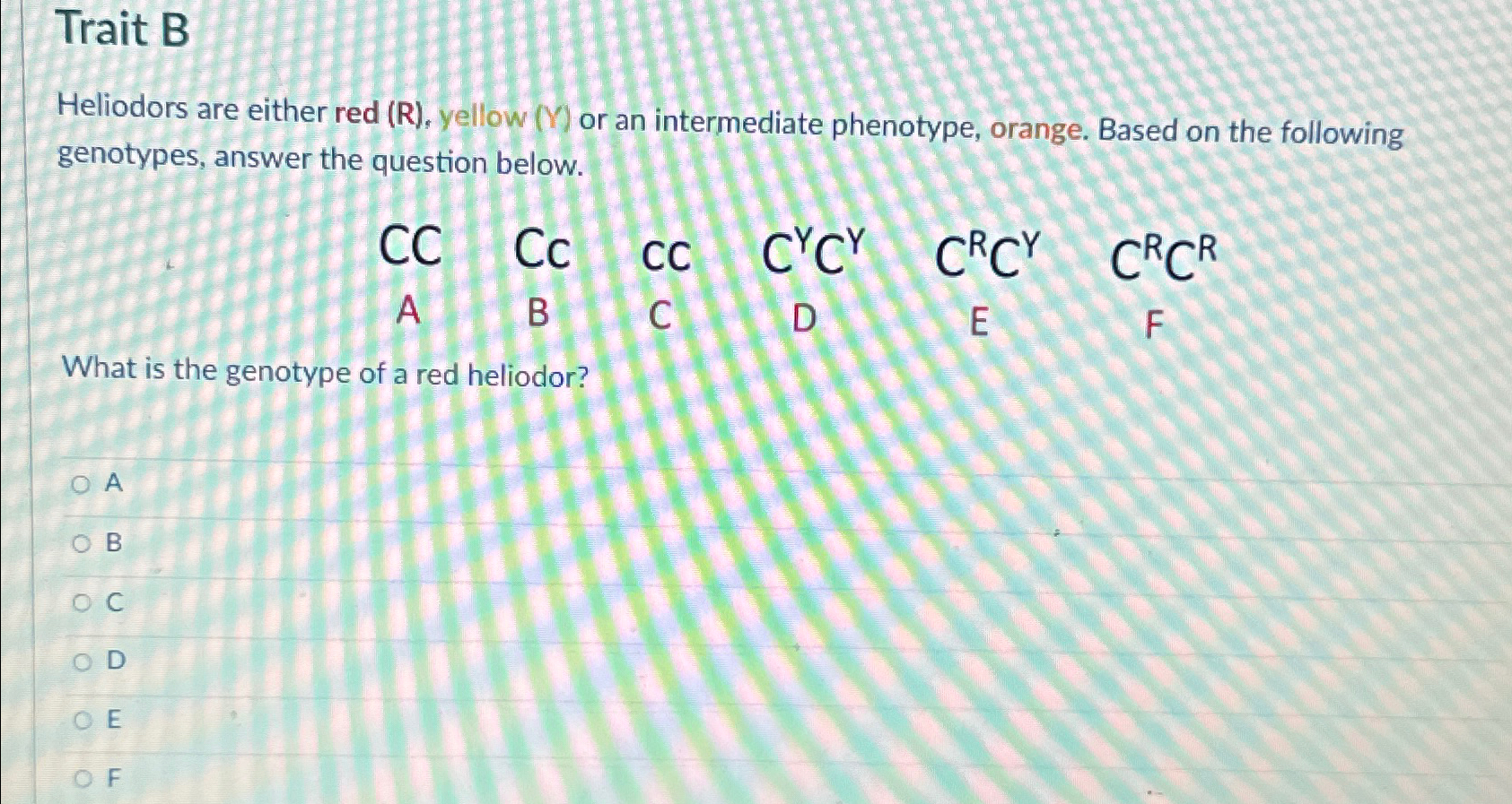 Solved Trait BHeliodors are either red (R), ﻿yellow (Y) ﻿or | Chegg.com